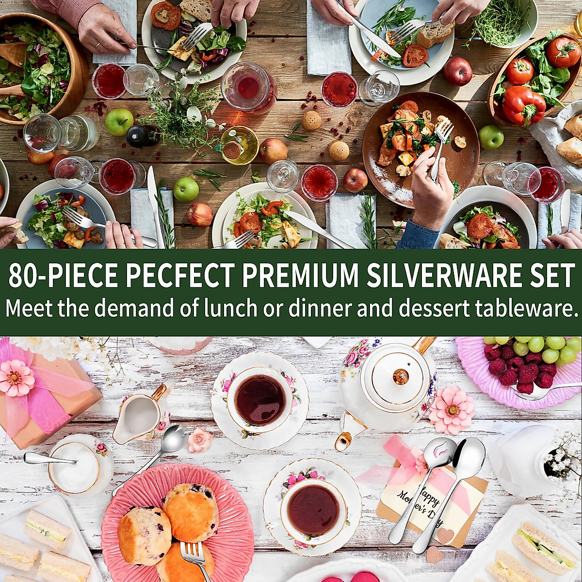 80 Pieces Silverware Set with Serving Utensils Set, CEKEE Stainless Steel Flatware Set for 12 with Steak Knives, Heavy Duty Cutlery Set, Kitchen Utensil Sets for Home Restaurant, Dishwasher Safe