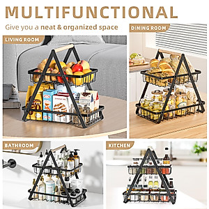 Foensc 2 Tier Fruit Basket, Upgraded Fruit Bowl, Detachable Metal Fruit Holder Vegetable Basket for Kitchen Counter, Large Capacity Fruit Storage Stand Organizer for Produce Bread Snack, Black