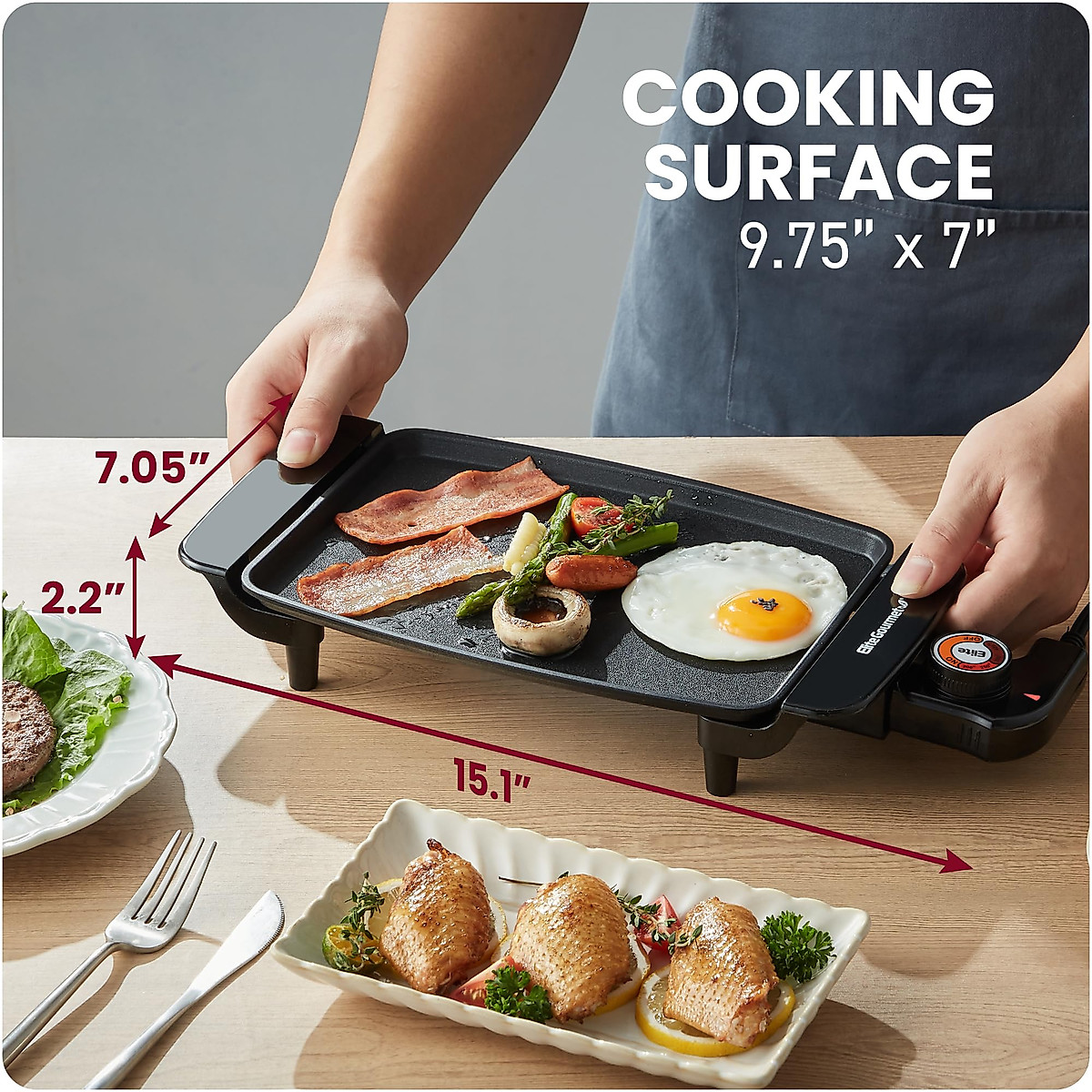 Elite Gourmet EGR8152 Electric 10" x 7" Personal Compact Griddle, Cool-touch Handles Non-Stick Surface, Removable/Adjustable Thermostat, Black