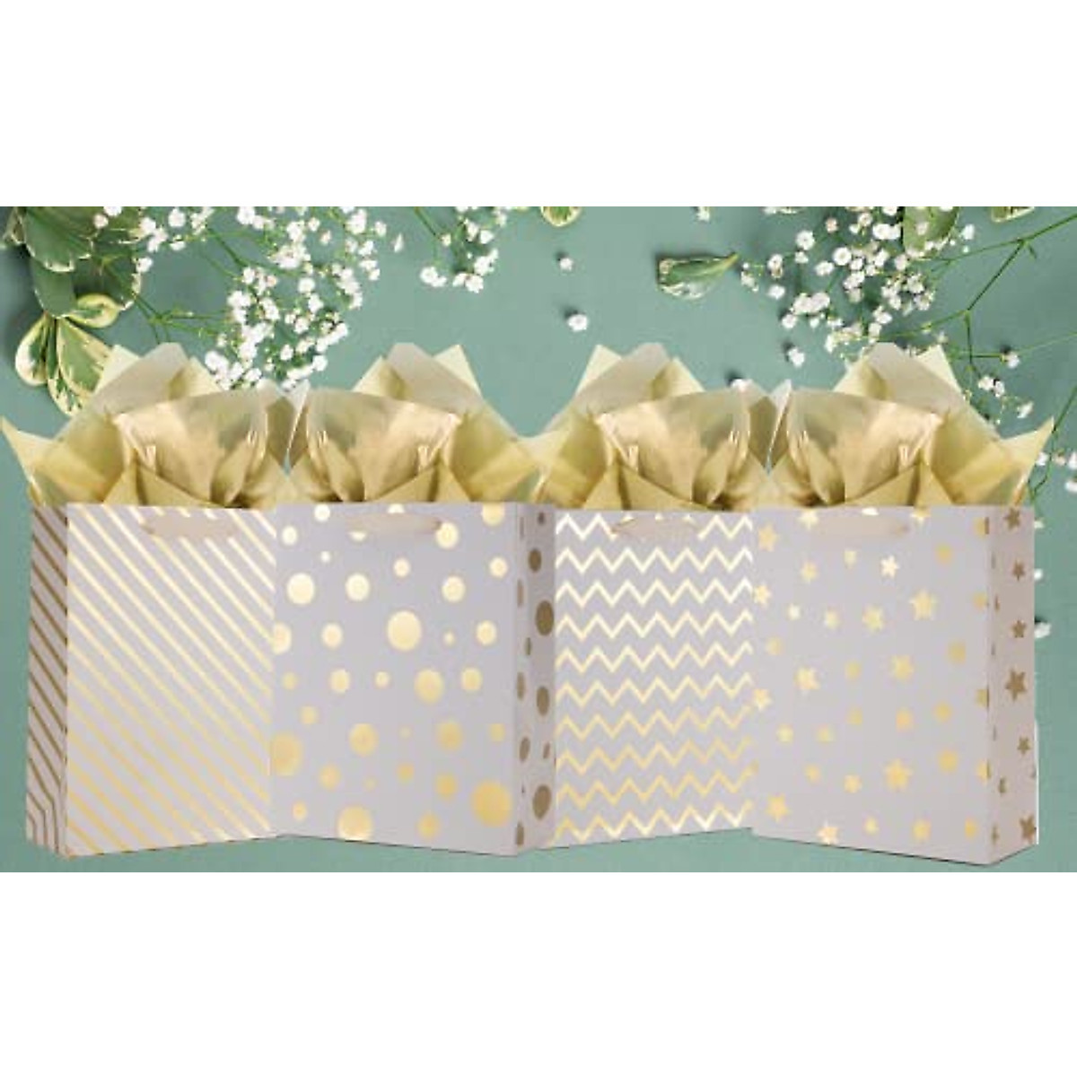 UNIQOOO 12PCS Metallic Gold Christmas Gift Bags Bulk with Handle, Large 12.5 x10 Inch, Assorted Modern Geometric Paper Gift Wrap Bags, For Valentines Day Holiday Birthday Wedding Gift Packaging Decor