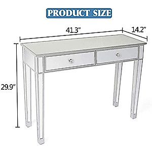 Binrrio Mirrored Console Table, Silver Glass Mirrored Makeup Vanity Table Desk for Women, Writing Desk Media Console Table for Home Living Room Bedroom Office Smooth Finish (Sliver-2 Drawers)