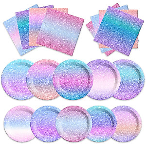 CMUSKO 60Pcs Holographic Plates and Napkins-Iridescent Diamond Party Decorations Colorful Holographic Print Paper Plates for Birthday,Wedding,Bridal Shower