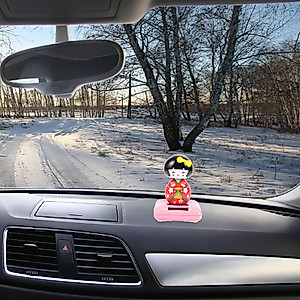 Amosfun Solar Powered Bobble Shaking Head Dancing Toy Japanese Kokeshi Doll Figurines Statues Car Dash Board Decorations Red