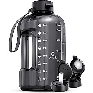 AQUAFIT Half Gallon Water Bottle With Times To Drink - 64 oz Water Bottle With Straw - Water Jug - Motivational Water Bottle - Large Water Bottle - Sports Water Bottle With Time Marker for Gym