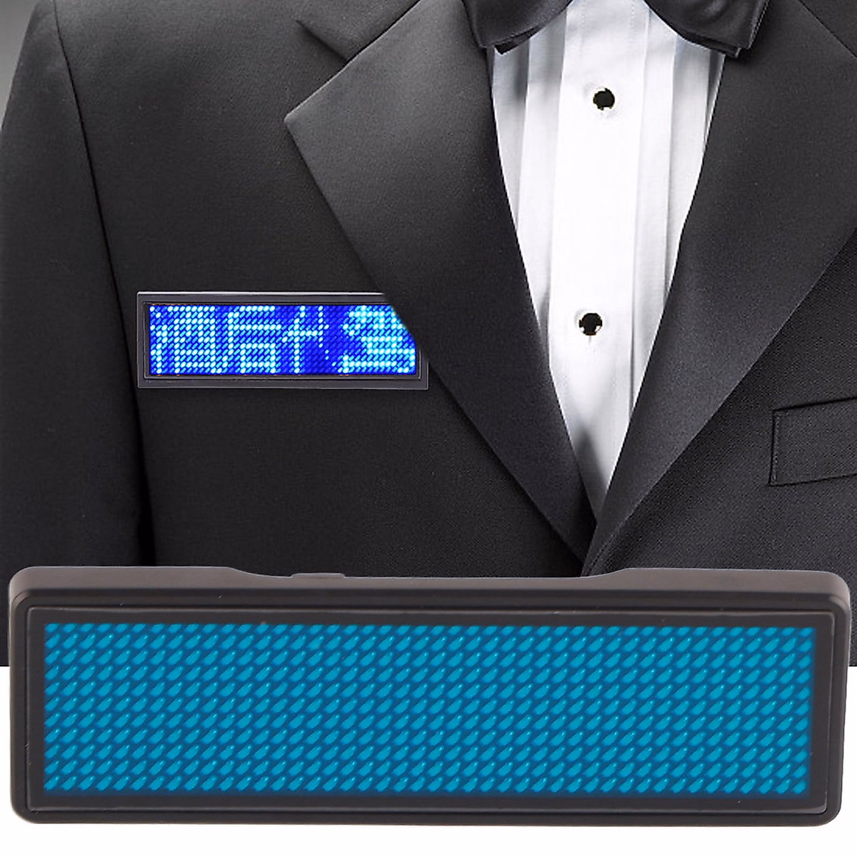 LED Digital Nametag, Rechargeable Programmable Name Badge Card ID with Magnet/Pin for Restaurant Party Bar(Blue)