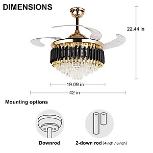 MoreChange 42" Fandalier Ceiling Fans with Lights Retractable Blades Remote Control Modern Chandelier Ceiling Fan 3 Speeds 3 Color Changes Lighting Fixtures, Silent Motor with LED Kits(Gold+Black)