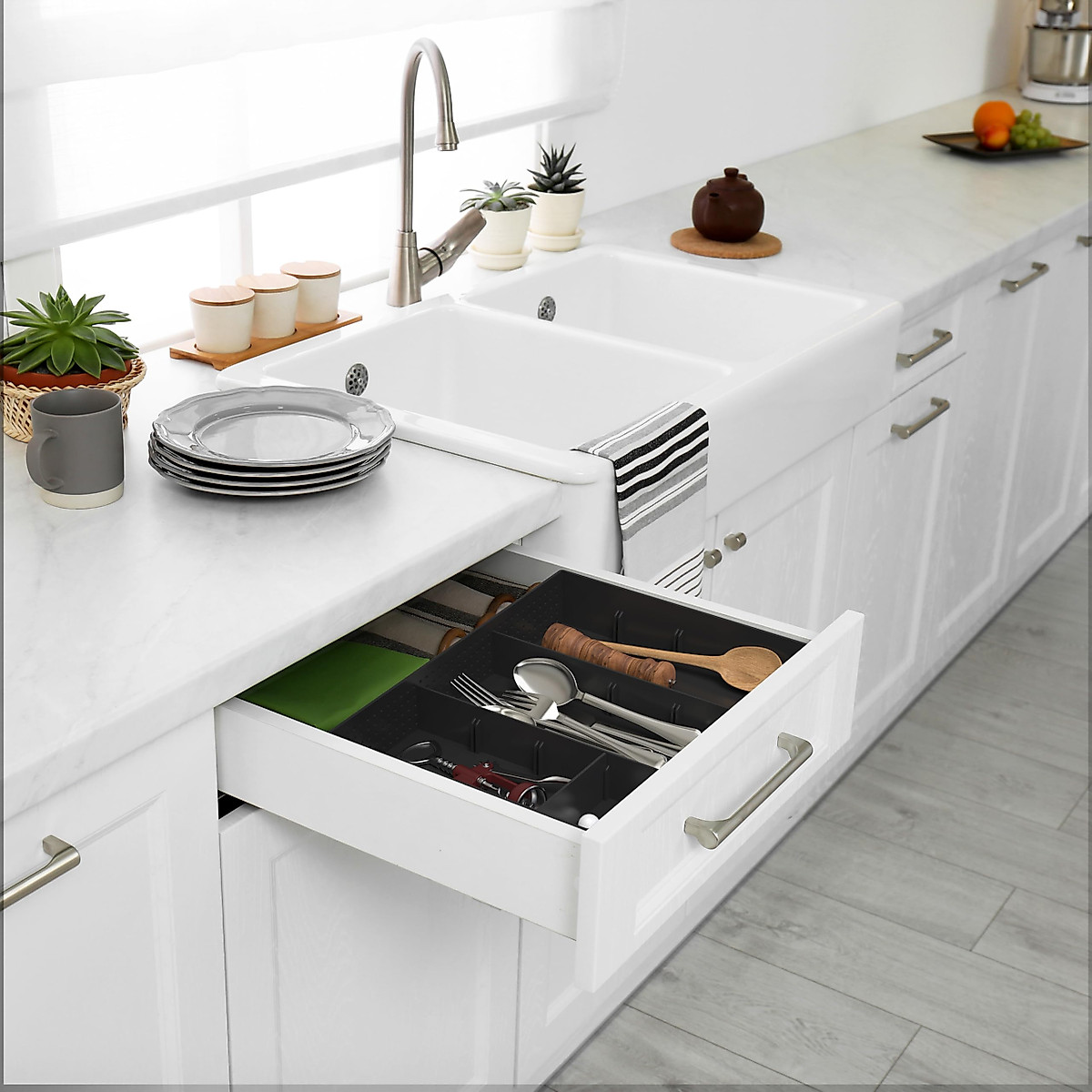 Simple Houseware 2 Pack Drawer Organizer Tray with 9 Adjustable Compartments, Black