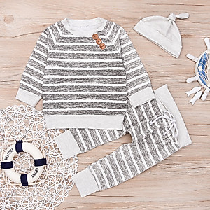 Besokuse Newborn Baby Boys Girls Hooded Sweatshirt T-shirt Tops+Striped Pants Kids Outfits Clothes Set (Grey Stripe, 0-3Months)