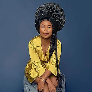 Nigerian Headtie African Head Wraps Already Made Auto Gele African Turban Cap For Party (Black)