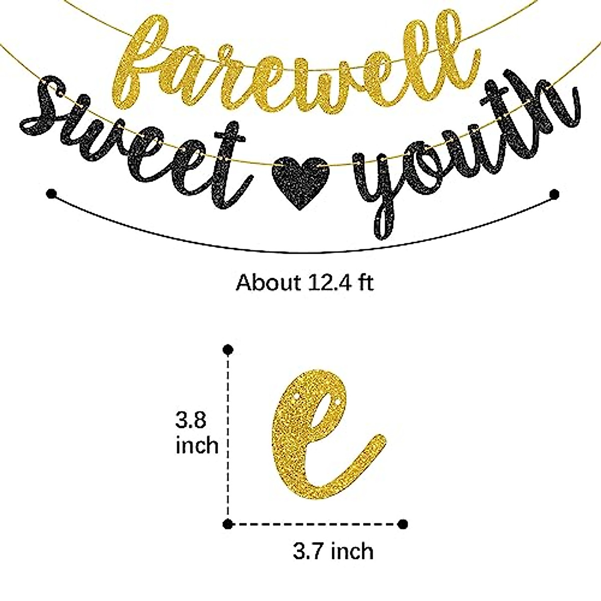 Helewilk Gold & Black Glitter Farewell Sweet Youth Banner, Funeral for My Youth Birthday Garland for 30th 40th 50th 60th Birthday Party Decoration, Funny Women Men Birthday Party Bunting Decor