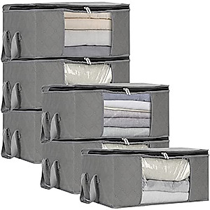 MANZOO Storage Bag Organizer Clothes Containers with Reinforced Handle for Comforters, Blankets, Bedding, Foldable Sturdy Zipper, Clear Window, 6 PC Pack, 35L, Grey
