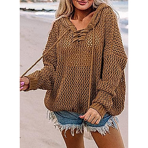 EVALESS Fall Sweaters for Women 2023 Long Sleeve Cover Ups for Swimwear Women Knitted Hollow Out Sweater V Neck Drawstring Chunky Cutout Sweater Crochet Hoodie Pullover Khaki M