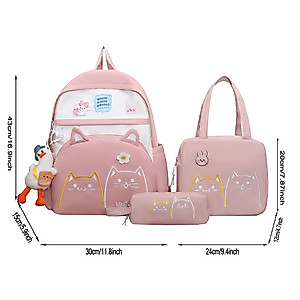 Kawaii Backpack for girls,17in Cute Cat Embroidery School Backpack Set with Lunch Bag Pencil Box,3PCS Aesthetic Student Bookbags,Pink