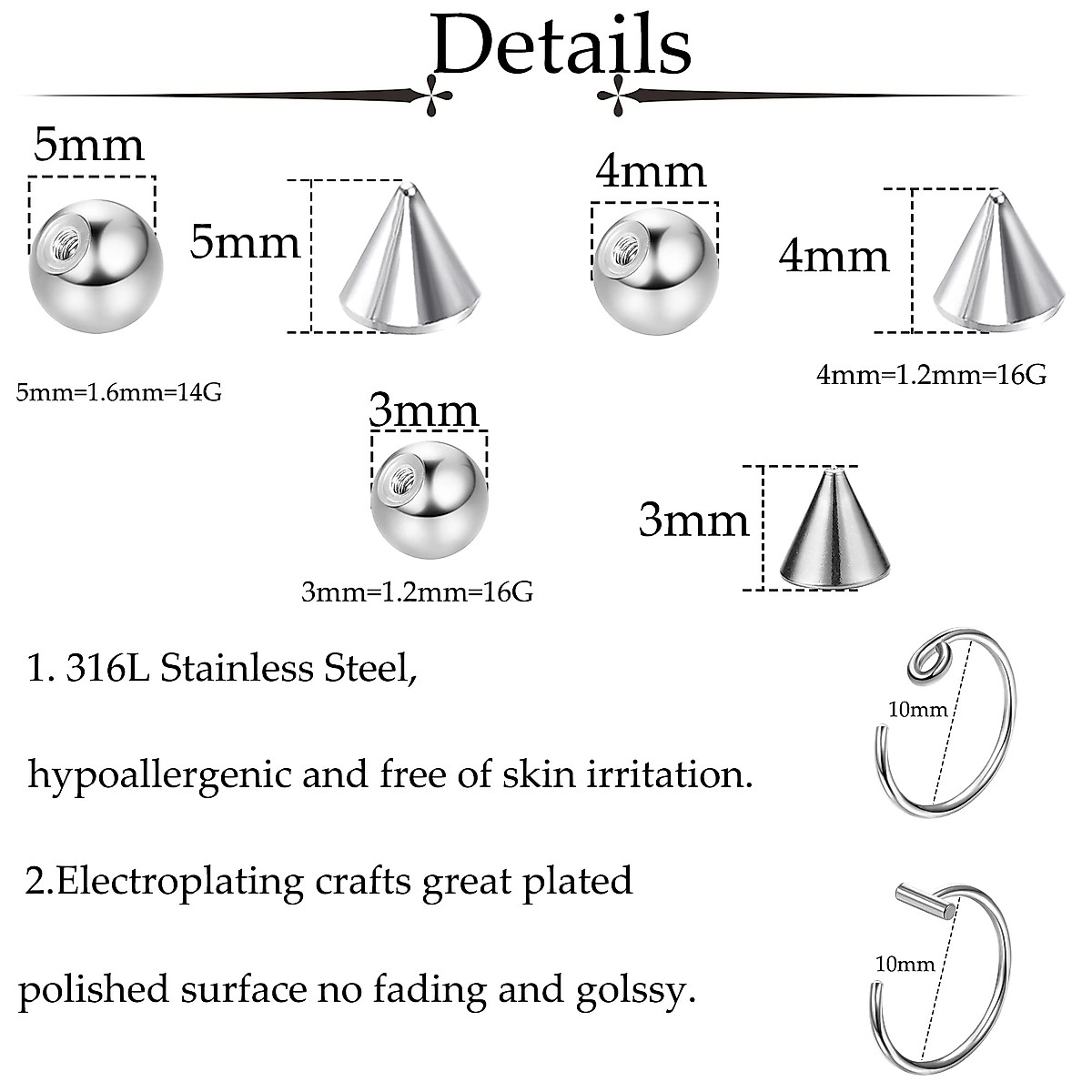 TEN MIRO Fake Eyebrow Ring Fake Lip Labret Studs Replacement Balls Spike with 100Pcs Sticker Non-Piercing Nose Rings Hoop Body Jewelry Skin 3MM 4MM 5MM(Silver)