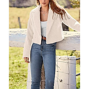 BTFBM 2023 Women's Fashion Fuzzy Fleece Short Jacket Fall Winter Lapel Button Down Outerwear Long Sleeve Faux Fur Coat(Solid Beige, Medium)