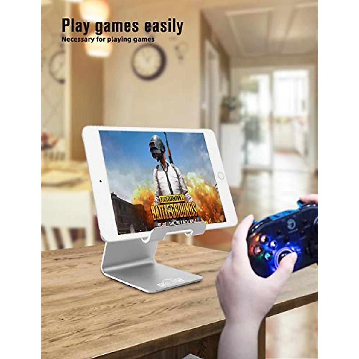 SKEJER Cell Phone Stand, Cellphone Hold, Tablet Dock with Anti-Slip Base, Aluminum Desktop Holder Bracket Compatible with All Smart Phone and Tablets Under 10 Inches-Silver