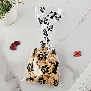 Mosoisy 100 Pack Paw Print Clear Plastic Cellophane Bags - Dog Paw Treat Bags 10.5X5" With Ribbon and Twist Ties Dog Gift Bags Candy Bags Cookie Bags Treat Bags with Ties and Ribbon Cellophane Treat Bags for Dog Party Favor and Supplies