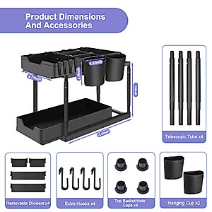 FM Royal Brand Under Sink Organizer - Double Slider Cabinet Organizer for Kitchen, Bathroom & Laundry Room Storage - Includes 2 BPA Drawers, 4 Adjustable Feet, 2 Cups, 4 Hanging Hooks, Divider