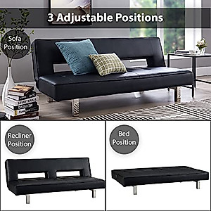 Astrid Futon Sofa Bed Faux Leather Futon Couch Modern Convertible Folding Sofa/Bed Couch with Chrome Legs Reclining Mini Coach Leather Futons Small Couch for Bedroom Living Rooms, Office - Black