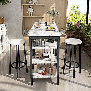 AWQM Home Bar Table Set of 2, 47" White Faux Marble Dining Set with Storage Shelves and Upholstered Leather Bar Height Stools, 3-Piece Kitchen Table for 2 People, Space Saving Table (White & Black)