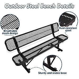 6FT/72'' Heavy Duty Park Bench with Back Portable Frame, Outdoor Metal Park Bench with Backrest, Steel Mesh Outdoor Bench for Garden, Lawn, Patio, Porch, Park, Yard, Black, 72.4" L x 23.2" W x 32.5" H