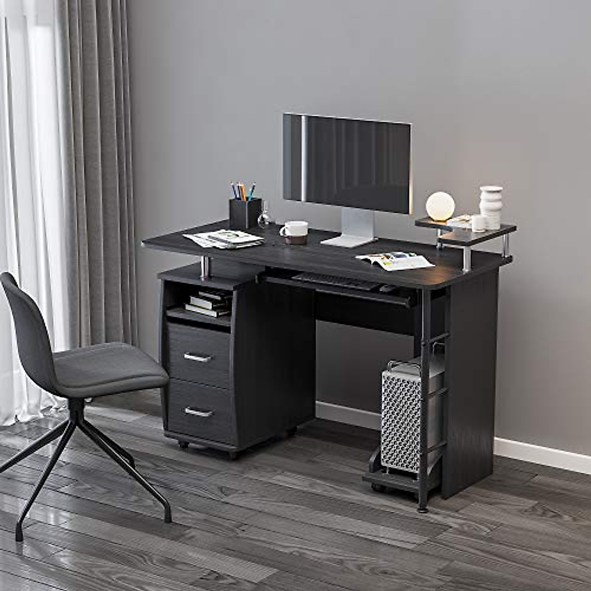 LXBB Home Office Computer Desk with Drawers and Pull-Out Keyboard Tray,Multi-Functions Desk with Pedestal,Study Writing Desk,Computer Workstation,Black