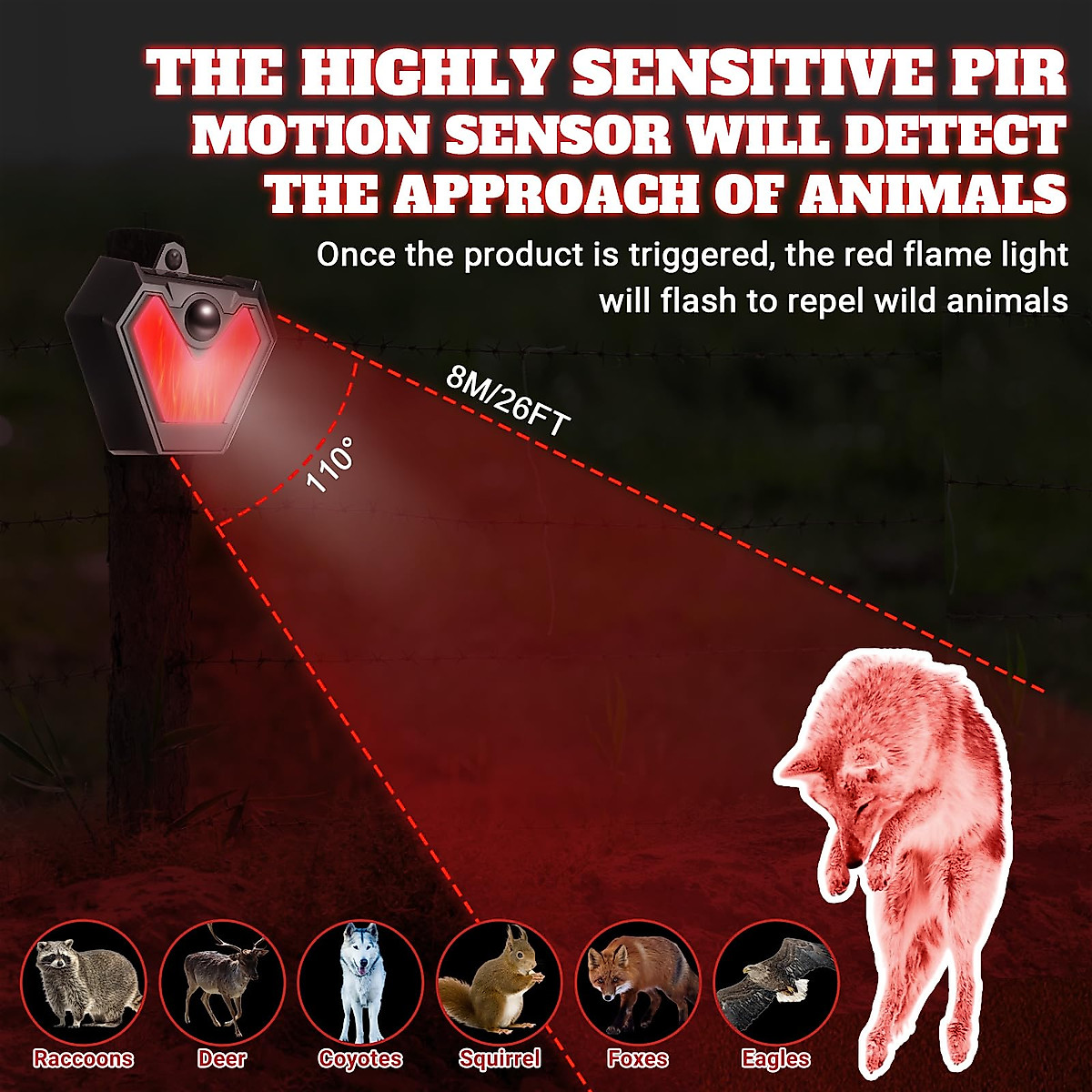 Qualirey 4 Pcs Upgraded Solar Nocturnal Animal Repeller Flickering Flame Outdoor Animal Repellent Motion Activated Coyote Deterrent Light for Skunk Deer Chicken Coop Farm Garden Yard(Red Light)