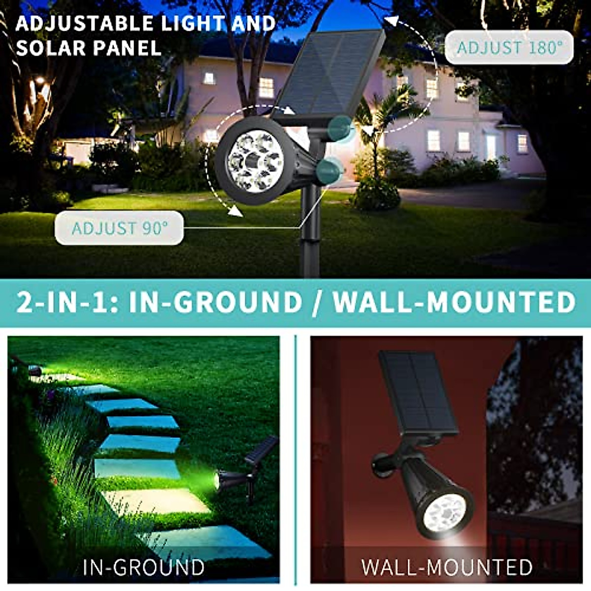 Rrtizan Solar Lights Outdoor Garden, Landscape Spotlights Waterproof, Auto/Adjustable 2-in-1 RGB Solar Lights, Bright and Dark Sensing, Changing & Fixed Color, for Yard, Pathway, Garden(2 Pack)