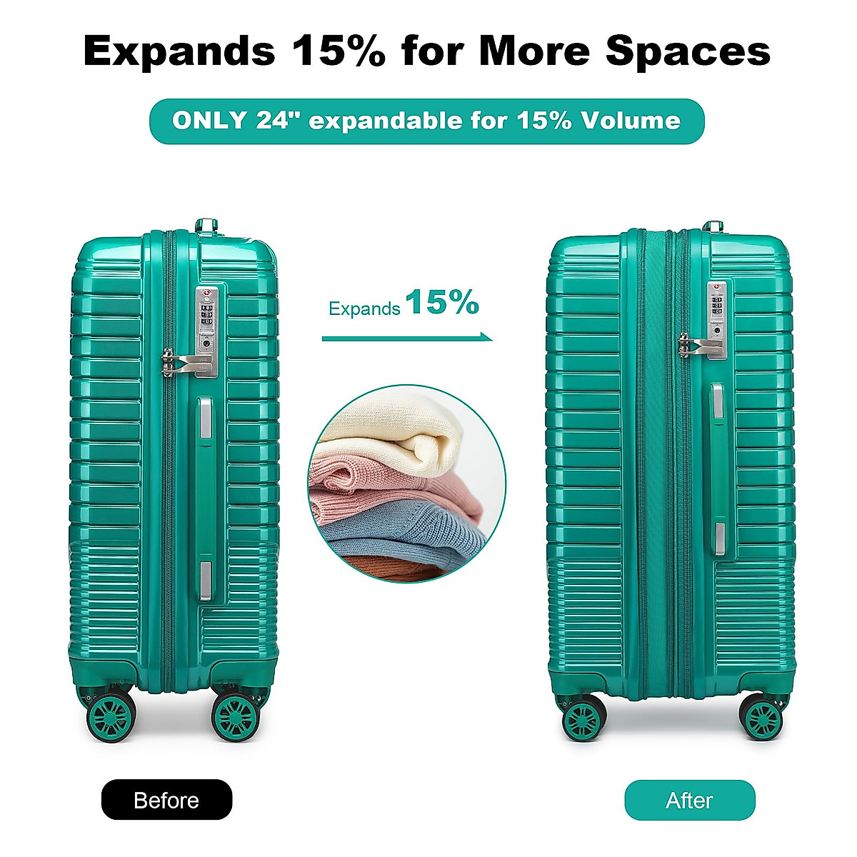 Somago 4 Piece Luggage Sets Expandable Suitcase (Only 24") Traveling Hardside Polycarbonate Lightweight Suitcases with 4 Wheels TSA lock YKK Zippers (14"/20"/24"/28", Turquoise Blue)