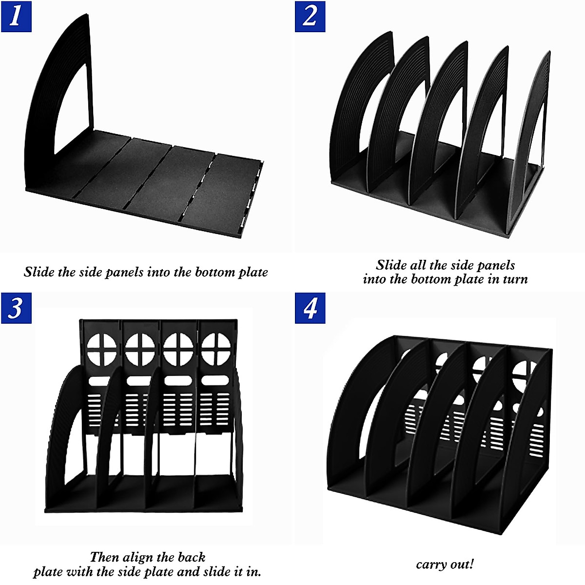 SAYEEC File Holder Storage Folder 4 Compartment Standing Desktop Hollow Organizer Black File Shelf Frame Thicken Plastic Paper Notebook Magazine Bookstore for Office School Supplier Students