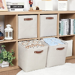 HNZIGE 13x13x13 Cube Storage Bins, Fabric Storage Cubes Baskets for Shelves, Set of 4, Cube Storage Baskets with Handles Foldable Storage Baskets for Organizing Clothes, Toys, Closet, Nursery(Cream)