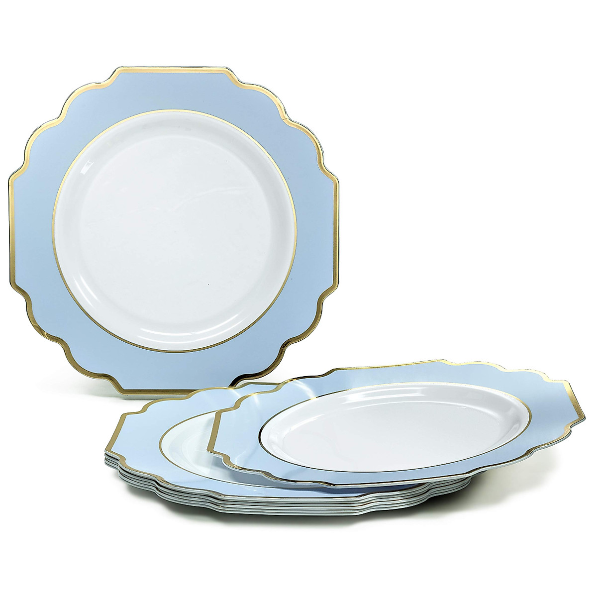 " OCCASIONS " 50 Plates Pack (25 Guests)-Heavyweight Wedding Party Disposable Plastic Plate Set -(25x10.5'' Dinner + 25x8'' Salad/dessert (Imperial in White/Blue & Gold)
