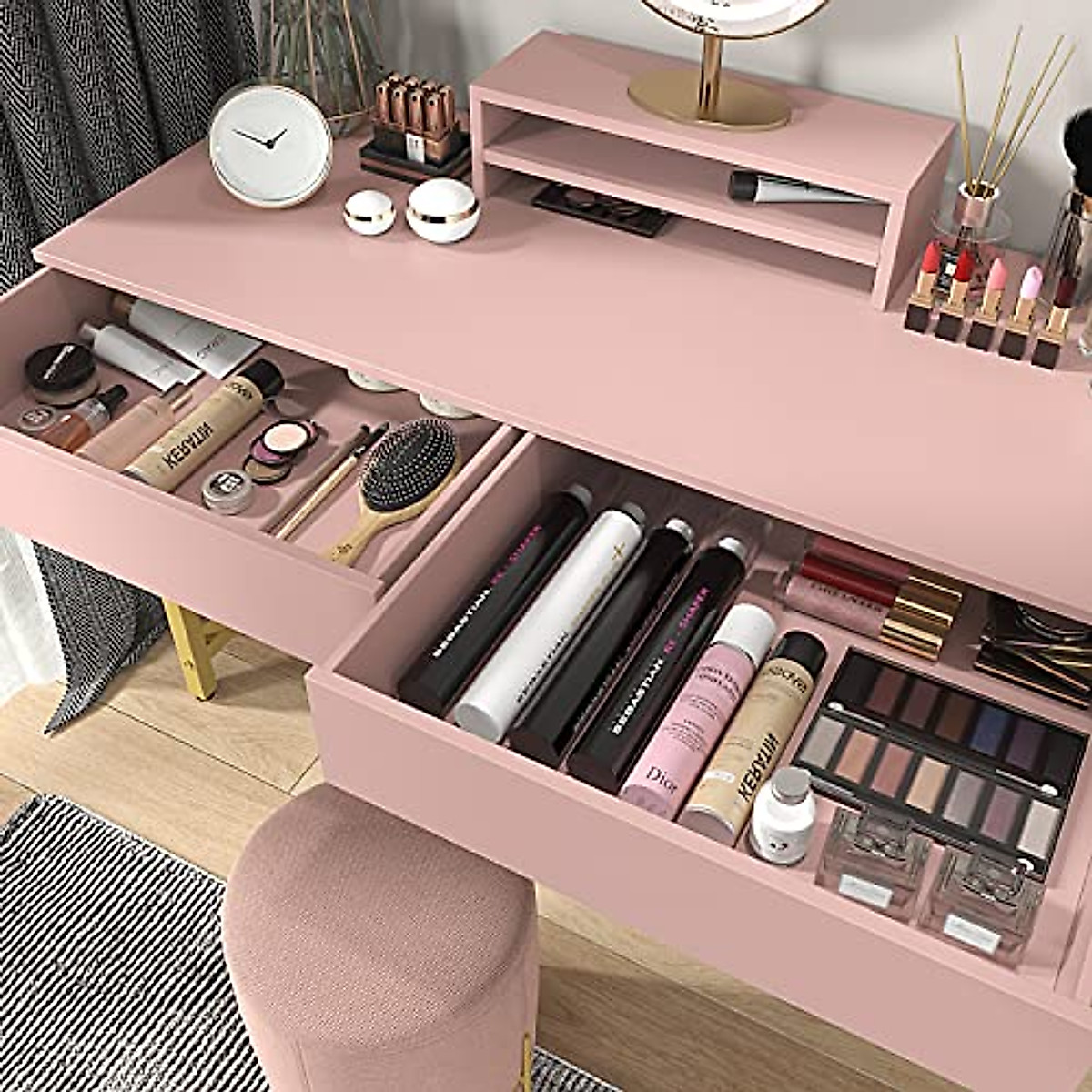 WESTREE Women Makeup Vanity Desk with 2 Drawers - Bedroom Home Office Desk, Wooden Height Monitor Stand & Storage Shelf Without Mirror, Pink Table Great Gift for Her