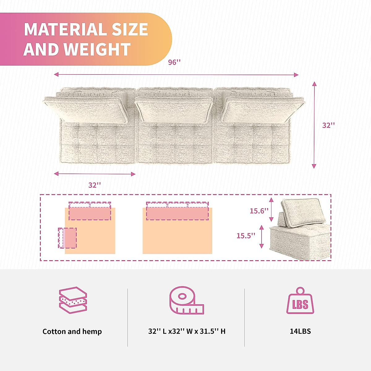 Mixoy Modular Sectional Sofa, Variable 3 Seater Sofa Couch with Oversized Soft Seat, Free Combination Armless Sectional Sofa Couch for Living Room, Bedroom (Beige, 3PCS)