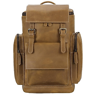Masa Kawa Leather Backpack for Men 15.6 Inch Laptop Large Capacity Vintage College School Bag Hiking Daypack