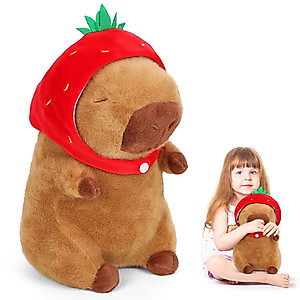 Cute Capybara Plush Wearing Strawberry Hat, 12 INCH Capybara Stuffed Toy Animals Plushies, Soft Capybara Doll Pillow for Kids Boys Girls Birthday Gifts