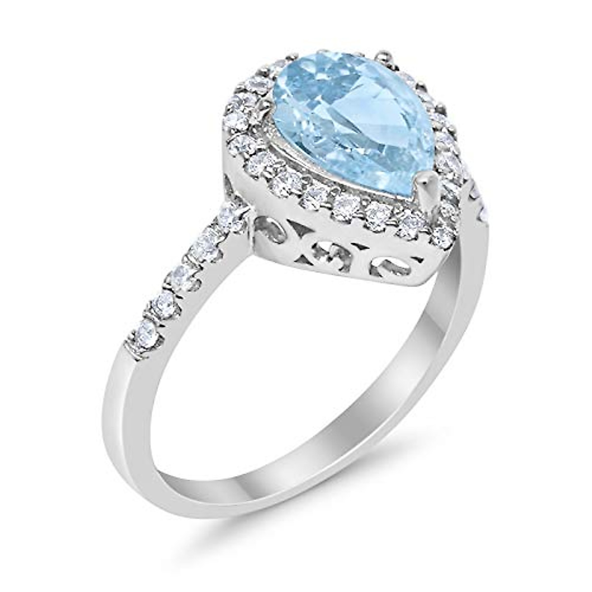 Blue Apple Co. Halo Teardrop Bridal Filigree Ring Pear Simulated Aquamarine CZ Round Cubic Zirconia 925 Sterling Silver, Size-6