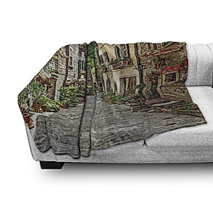 Lunarable Wanderlust Throw Blanket, Narrow Old Street Flowers in Italy Medieval Historic Buildings, Flannel Fleece Accent Piece Soft Couch Cover for Adults, 50" x 60", Beige Green Ivory