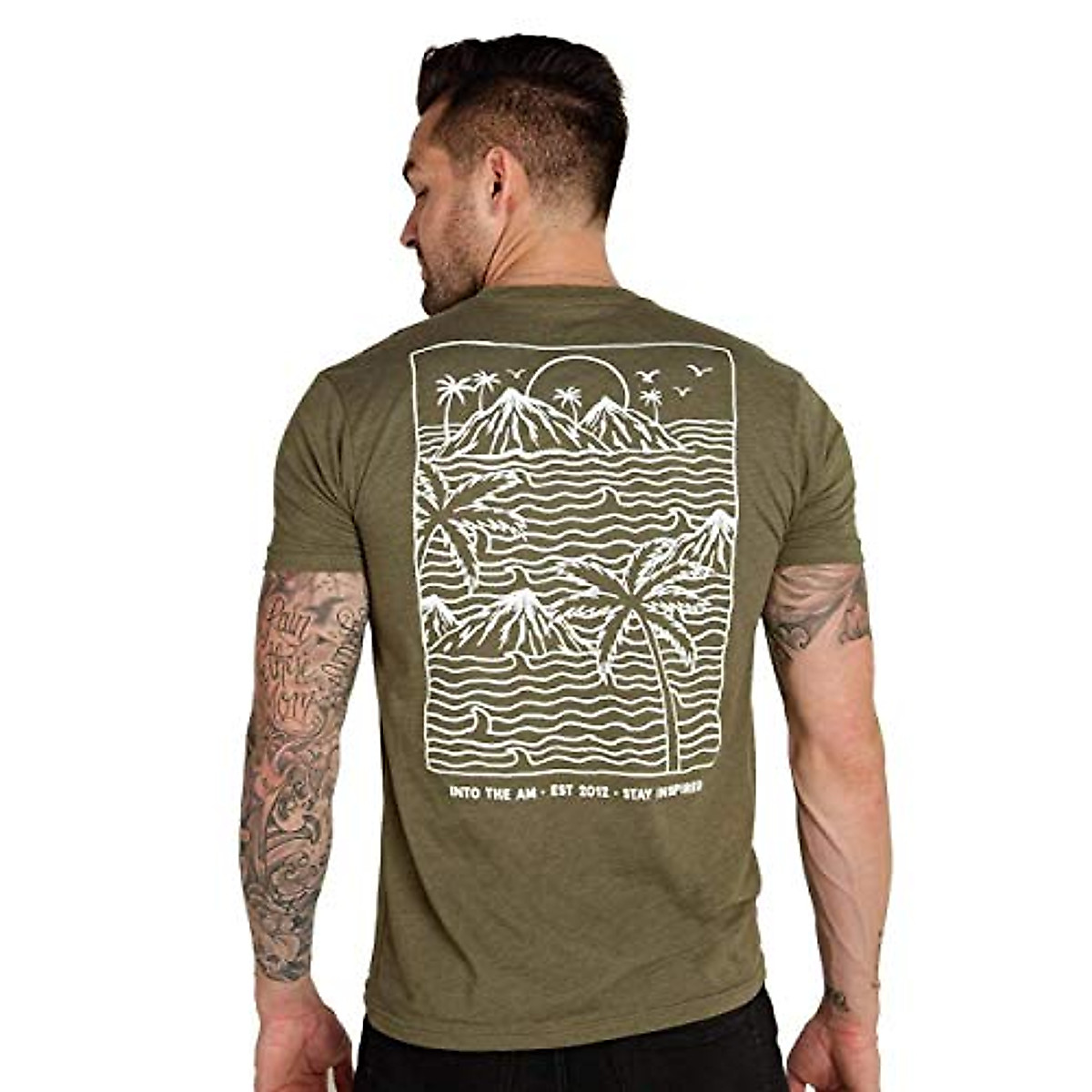 INTO THE AM Summer Islands Mens Graphic Tee - Cool Novelty Design Crewneck T Shirts for Guys (Olive Green, Large)