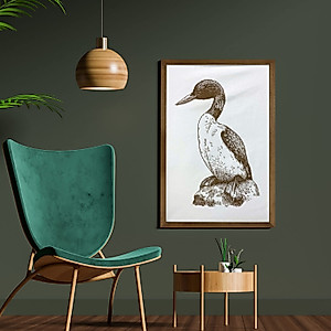 Ambesonne Loon Framed Wall Art, Antique Looking Drawing Illustration of a Northern Loon Animalistic, Fabric Decor with Teak Tone Wood Frame Home & Dorm Decor, 23" x 35", Dark Cocoa and White