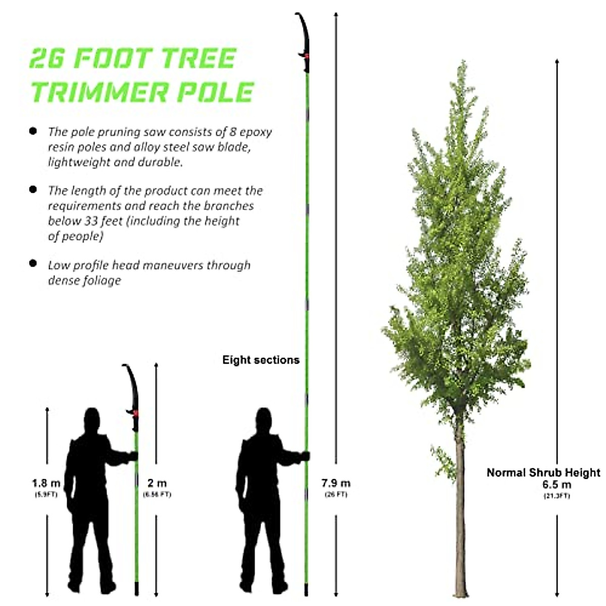 MEFBANT Pole Saws for Tree Trimming 26 feet Tree Trimmer Long handle, Tree Pruner Manual Pole saws for Tree Trimming, knives with Storage Pocket, Black (gzj005)