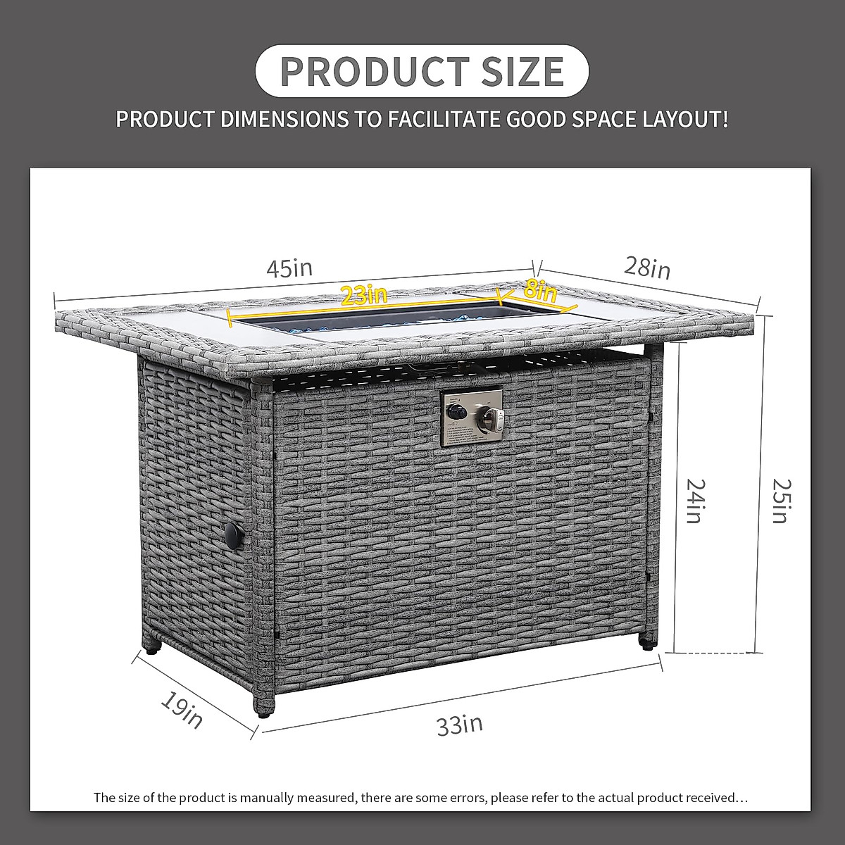 60000 BTU Wicker Gas Fire Pit Outdoor Fire Pit Table 45 Inch Fire Pits for Outside with Woodgrain Marble Tabletop Fire Pit Cover and Blue Crystal Beads