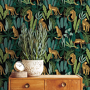 CHIHUT Leopard King Peel and Stick Wallpaper Self Adhesive Removable Jungle Animal Wallpaper Tropical Green Leaf Contact Paper Waterproof Wall Paper Decorative Vinyl Roll for Walls Cabinets 17.7”x100”