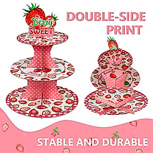 Strawberry Cupcake Stand - Berry Sweet Birthday Party Decorations, 3 Tier Round Strawberry Themed Dessert Tower Stand, Cupcake Holder Stand for Sweet One Birthday Party Decorations