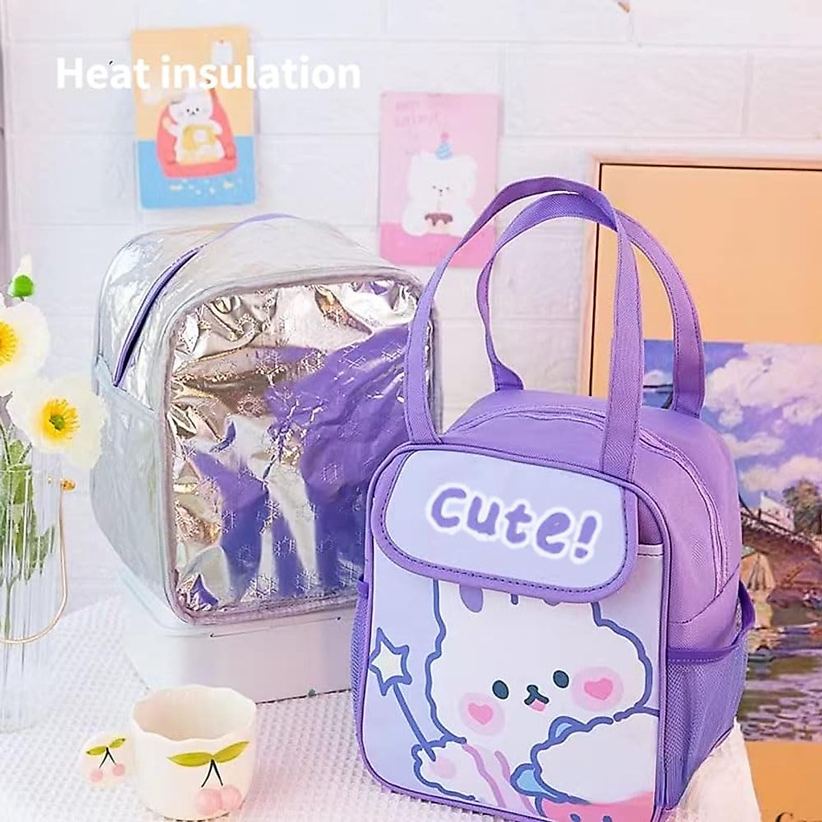 Kawaii Lunch Bag for Girls Lunch Box Insulated Cute Lunch Bags for Women Insulated Lunch Box for Kids (Pink)