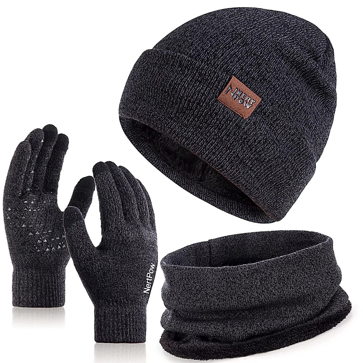 Winter 1-3 PCS Beanie Hat Gloves Scarf For Men And Women, Knit Thick Fleece Lined Warm Touchscreen Gloves Beanie Infitiny Scarf Set (Gloves&Beanie&Scarf Black Dark Gray)