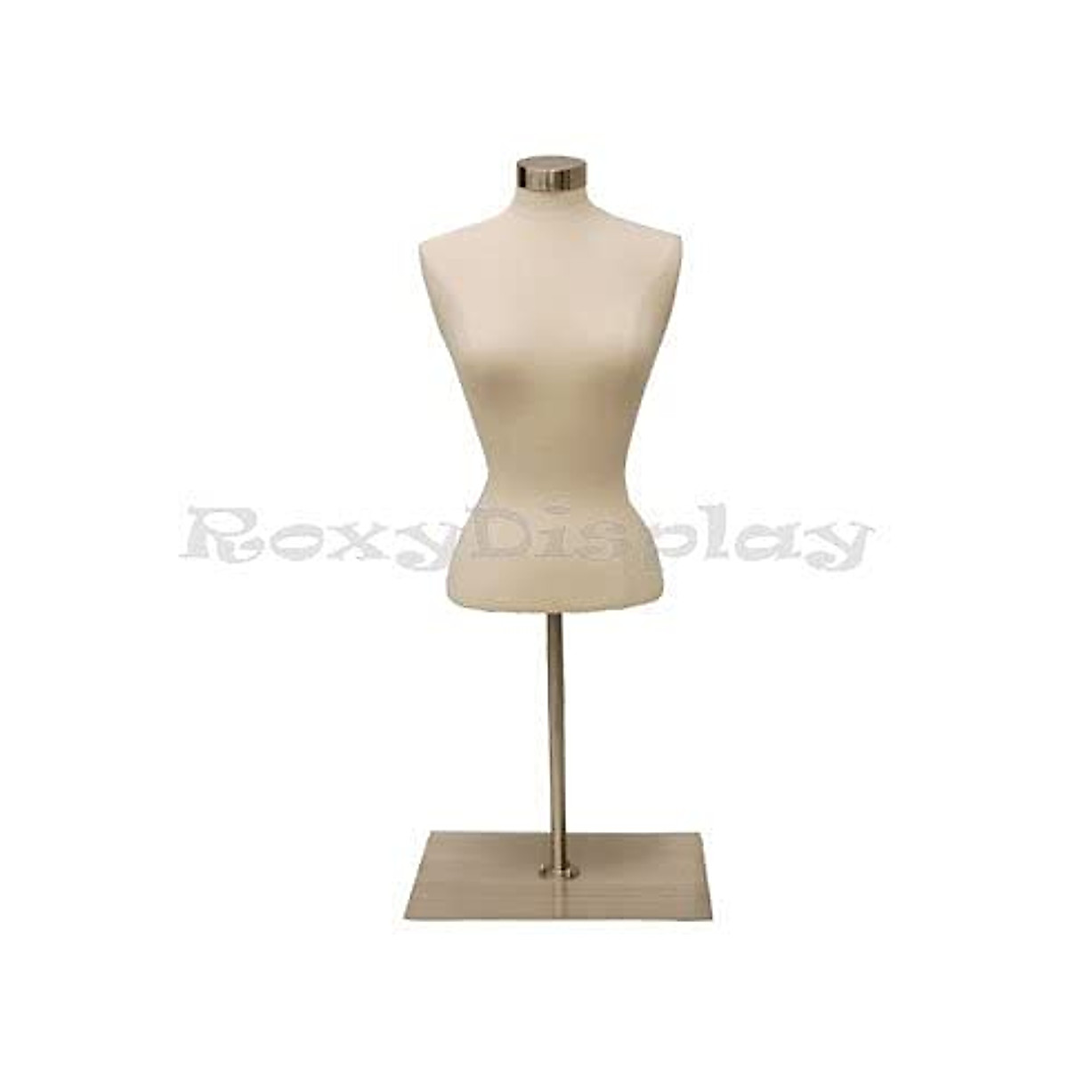 Adult Female Dress Form Mannequin Torso Body Form with Rectangular Short Pole Counter Top Brushed Metal Base #FBSW+05CPS