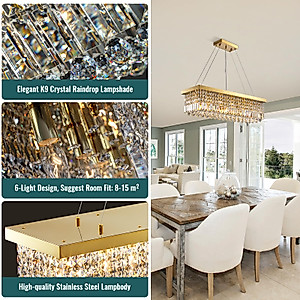 Siljoy 6-Light Modern Crystal Chandelier Rectangular Gold K9 Crystal Raindrop Chandelier for Dining Room, Luxury Adjustable Ceiling Pendant Light for Living Room Kitchen Island L31.5'' x W10'' x H10''