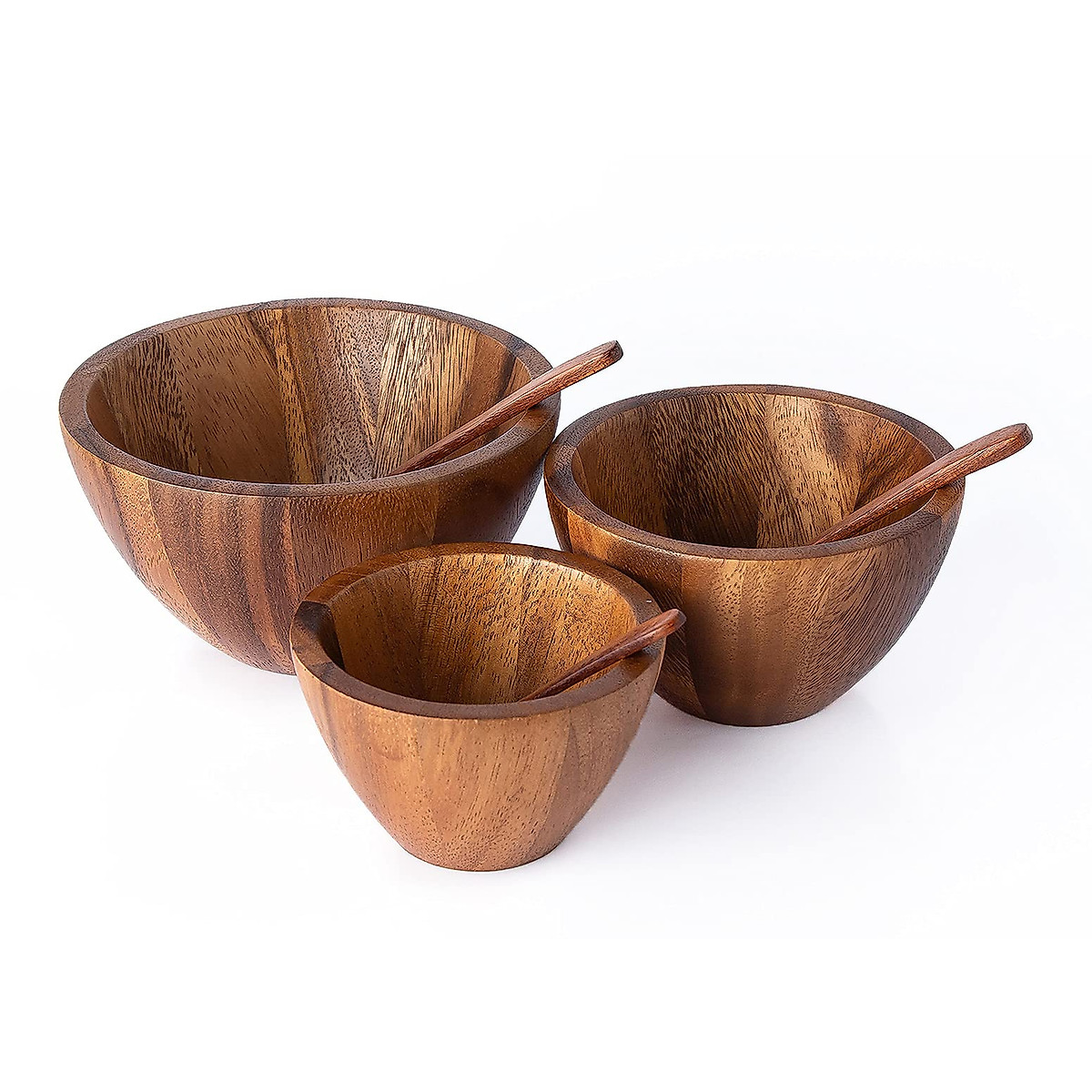 Tiny Nesting Round Wood Bowls Mix Size Stackable Acacia Wooden Bowl Set with Dia 4", 5", and 6" with 3 spoons for serving salad, fruit, dip sauce, salsa, snack, rice, pasta, cereal, Decor Nest Dish