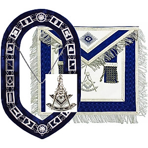 Masonic Regalia Past Master Blue Lodge Officer Apron Handmade and chain collar with Jewel Silver